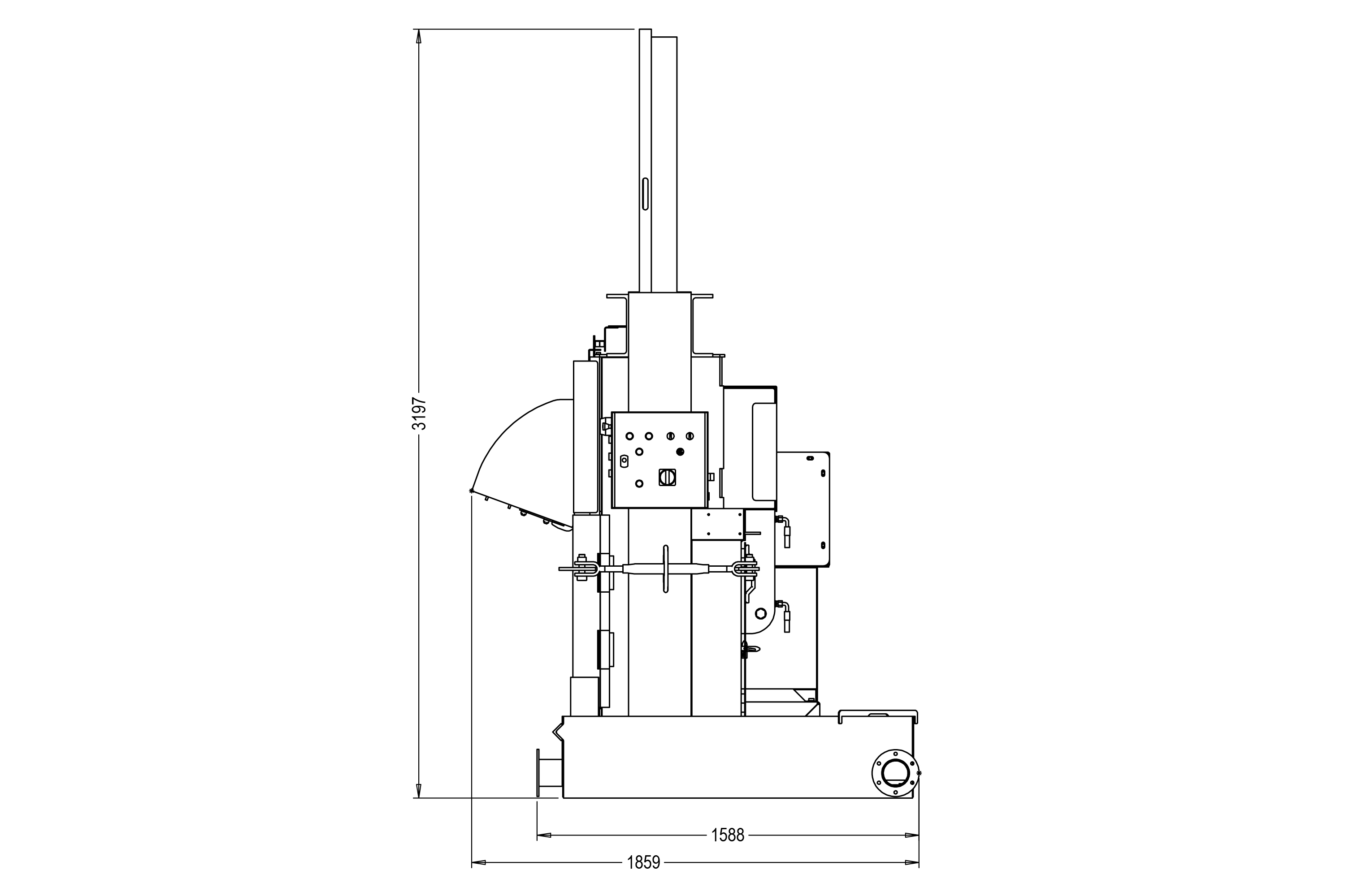 Technical line drawing of a vertical aluminium can baler industrial ...